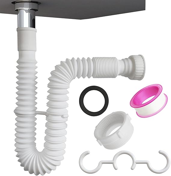 White Flexible Expandable Bathroom P Trap, 1 1/4 to 1 1/2 Sink Drain ...
