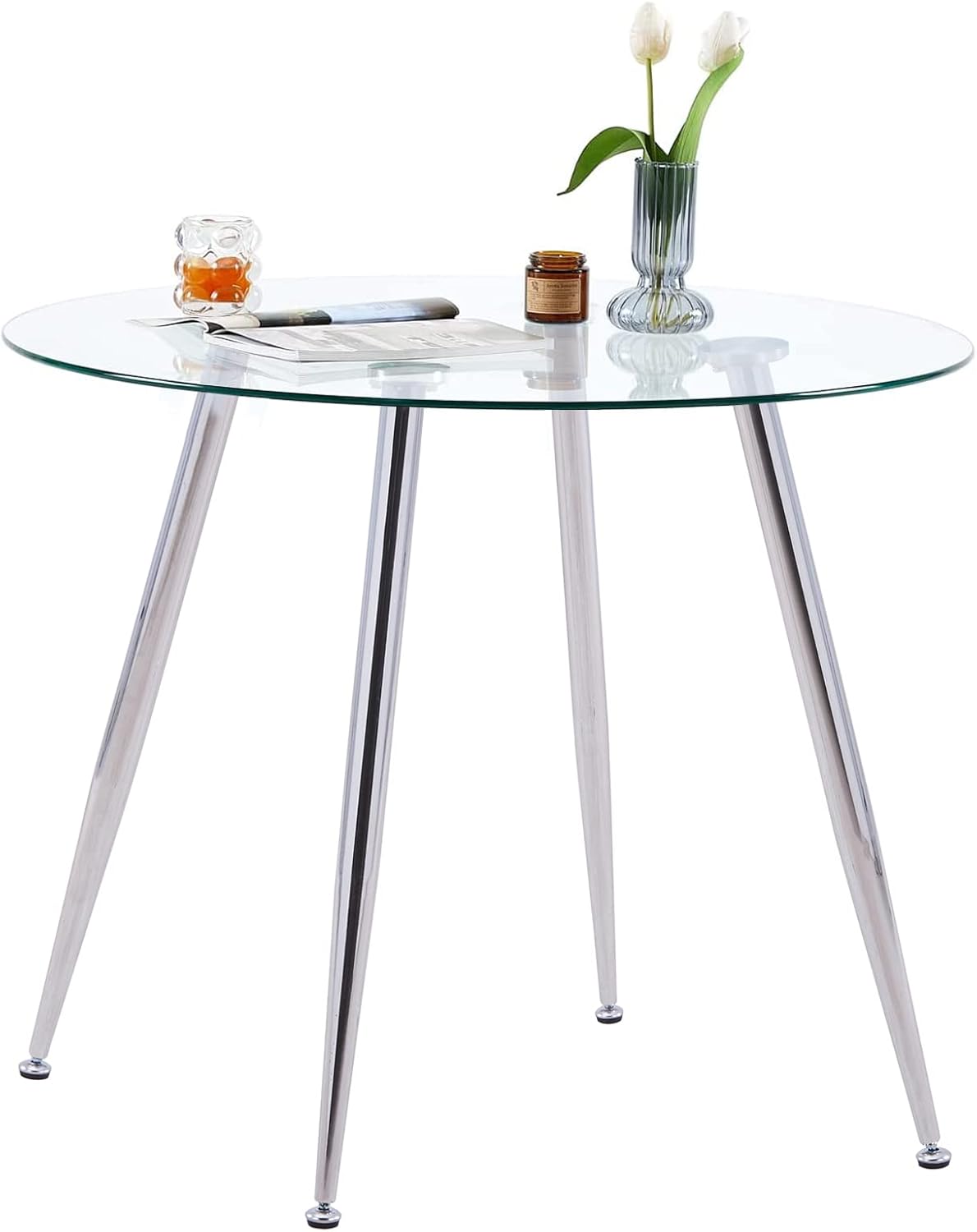 GOLDFAN Round Dining Table 90cm with Tempered Glass Top, Silver Chrome ...