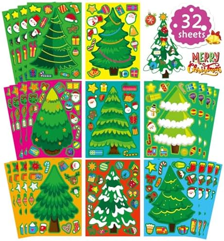 Amazon.com: 32 Sheets Christmas Tree Stickers for Kids - Make a Face ...