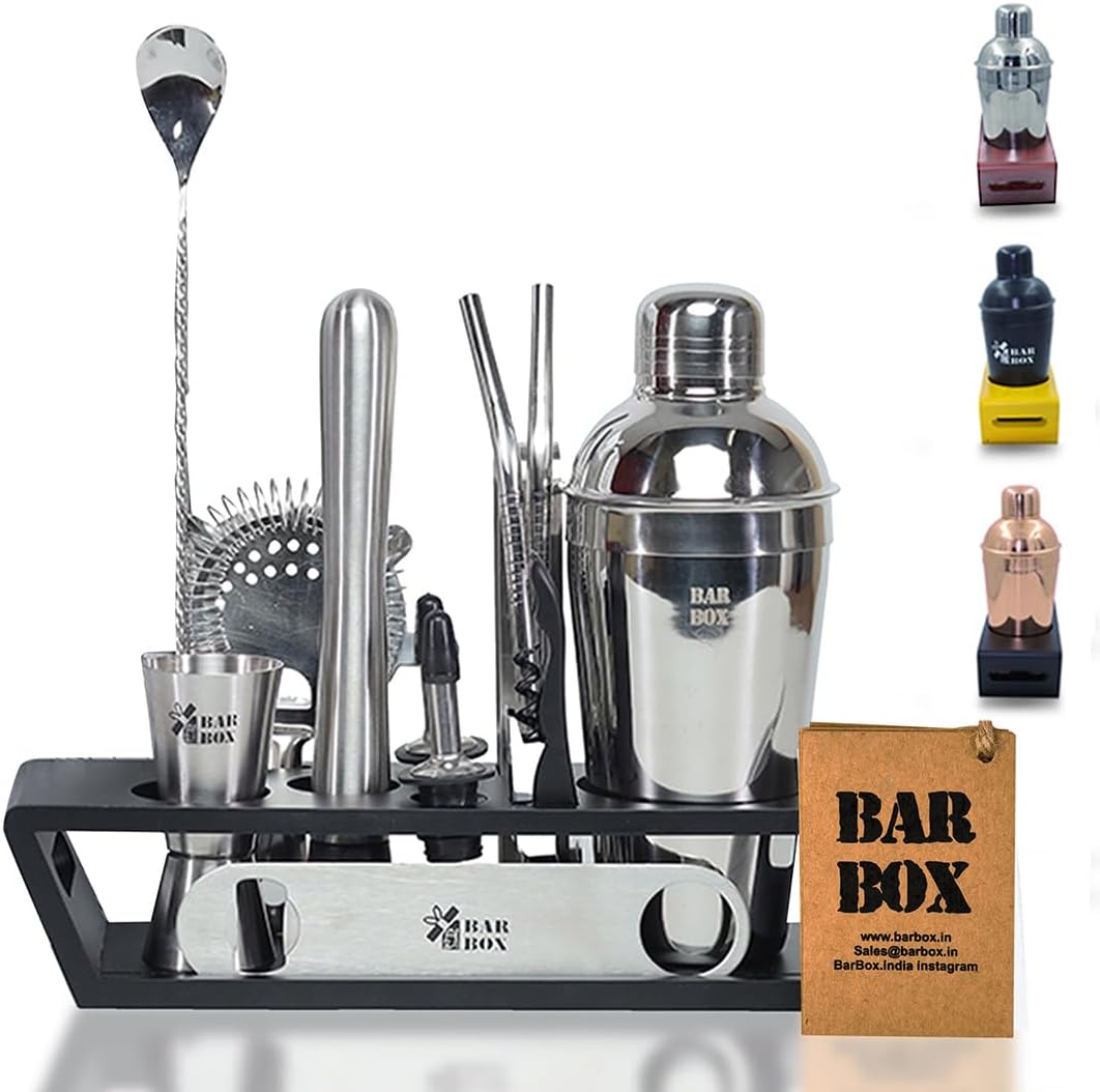 Buy Bar Box 19-Piece Cocktail Shaker Set with Rustic Wood Stand ...