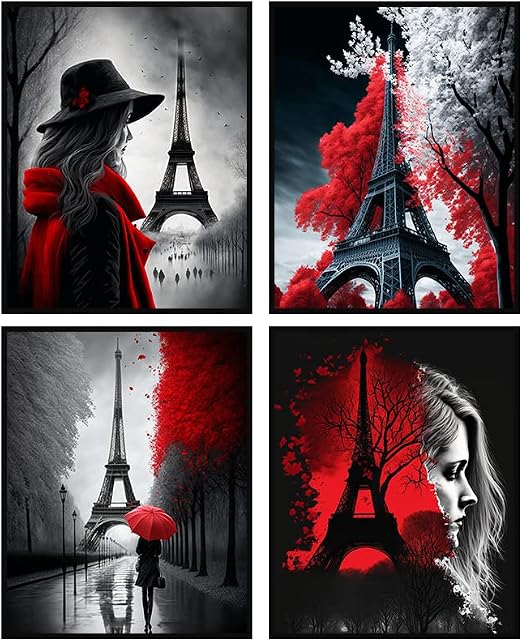 Amazon.com: Paris Eiffel Tower Wall Art Decor (Red )Black and White ...