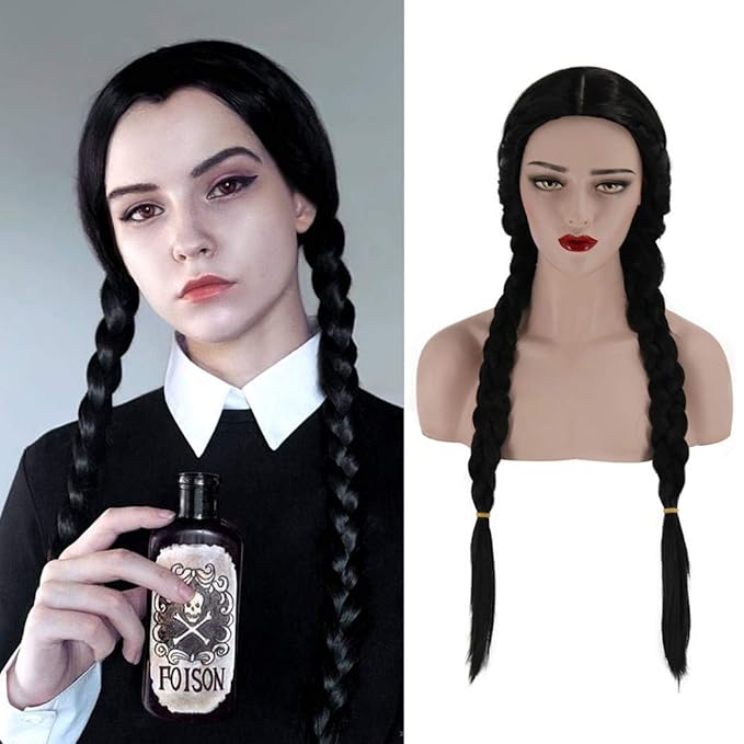 Amazon.com: Mersi Black Wednesday Addams Wig Long Braided Wigs for ...