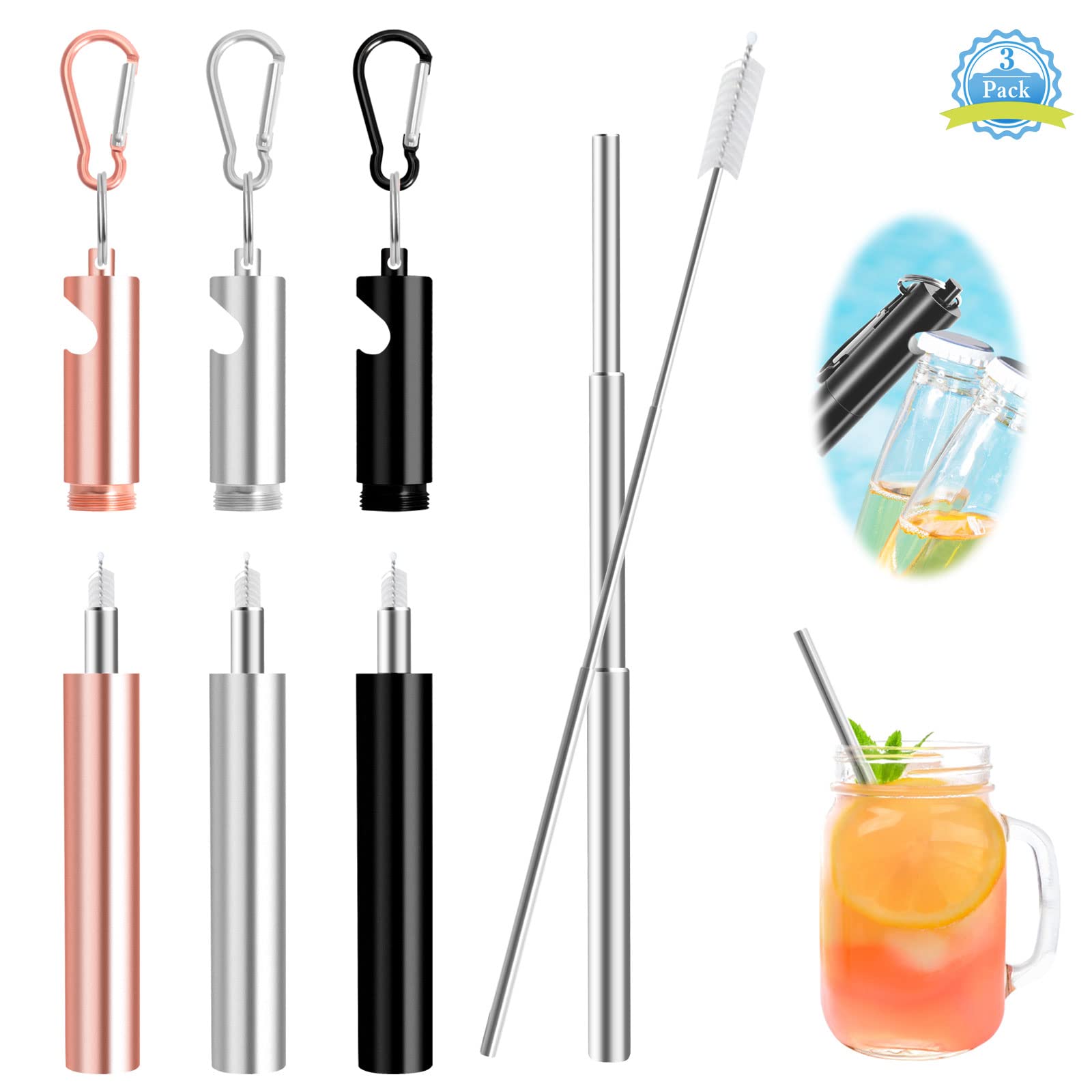 3Packs Stainless Steel Telescopic Straw Reusable Metal Drinking Straw ...