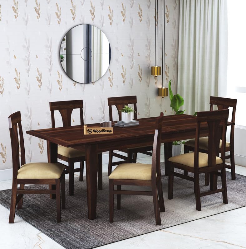 WOODSTAGE Sheesham Wood 6 Seater Extendable Dining Table with 6 Cushion ...