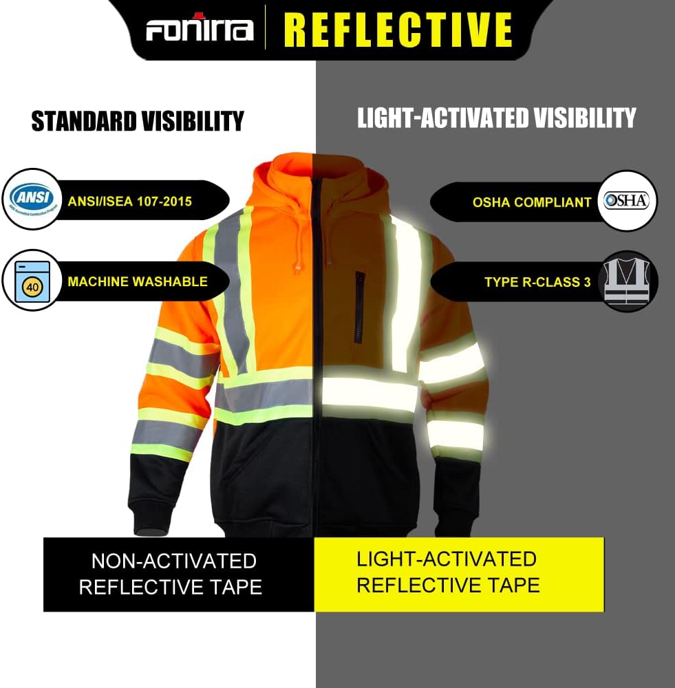 Buy FONIRRA Hi Vis Safety Fleece Zip Hoodie for Men Reflective Sweatshirts ANSI Class 3 Jackets ...