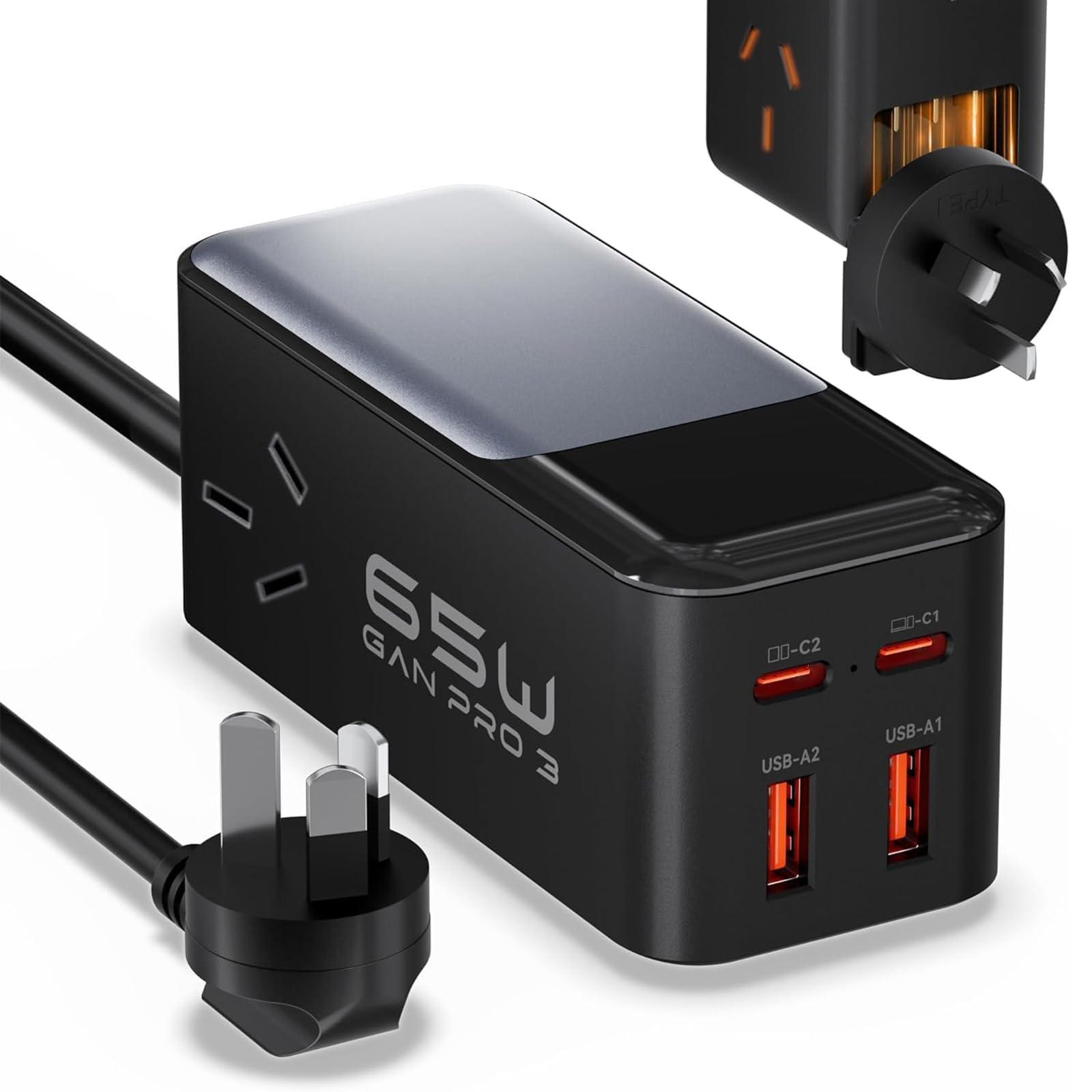 65W USB C GaN Powerboard - USB-C Fast Charging Station with 2-Outlet ...