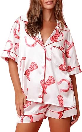 Seyurigaoka Womens Heart Print Pajamas Shorts Set Short Sleeve Sleepwear Loungewear Button-Down ...