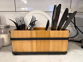 Amazon.com: PTSTING Silverware Caddy Wood Silverware Holder Paper Plate ...