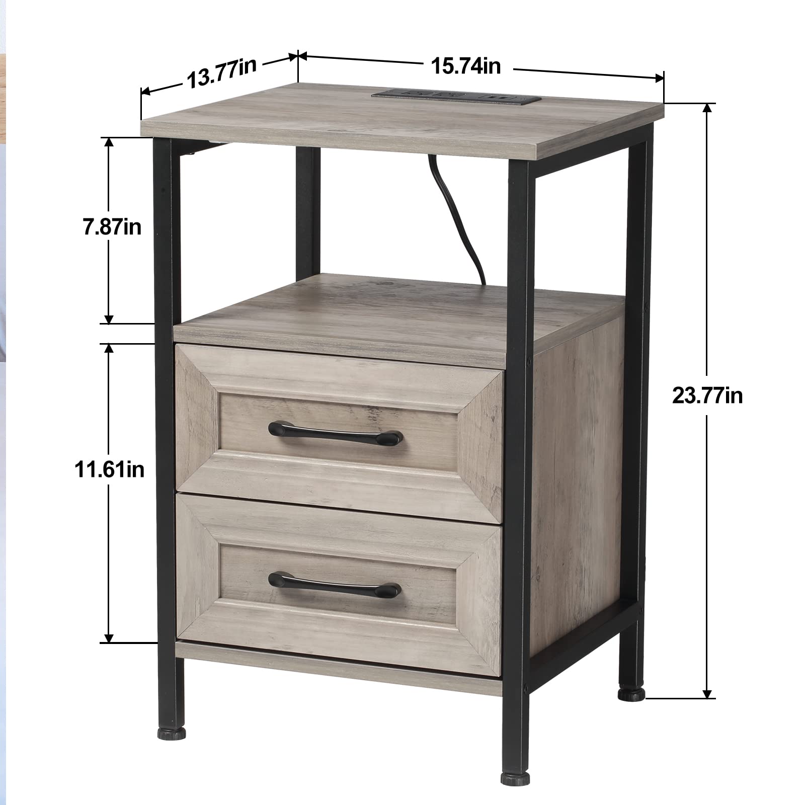 HOSEOKA Grey Nightstand with Charging Station and RGB Lights, Night ...