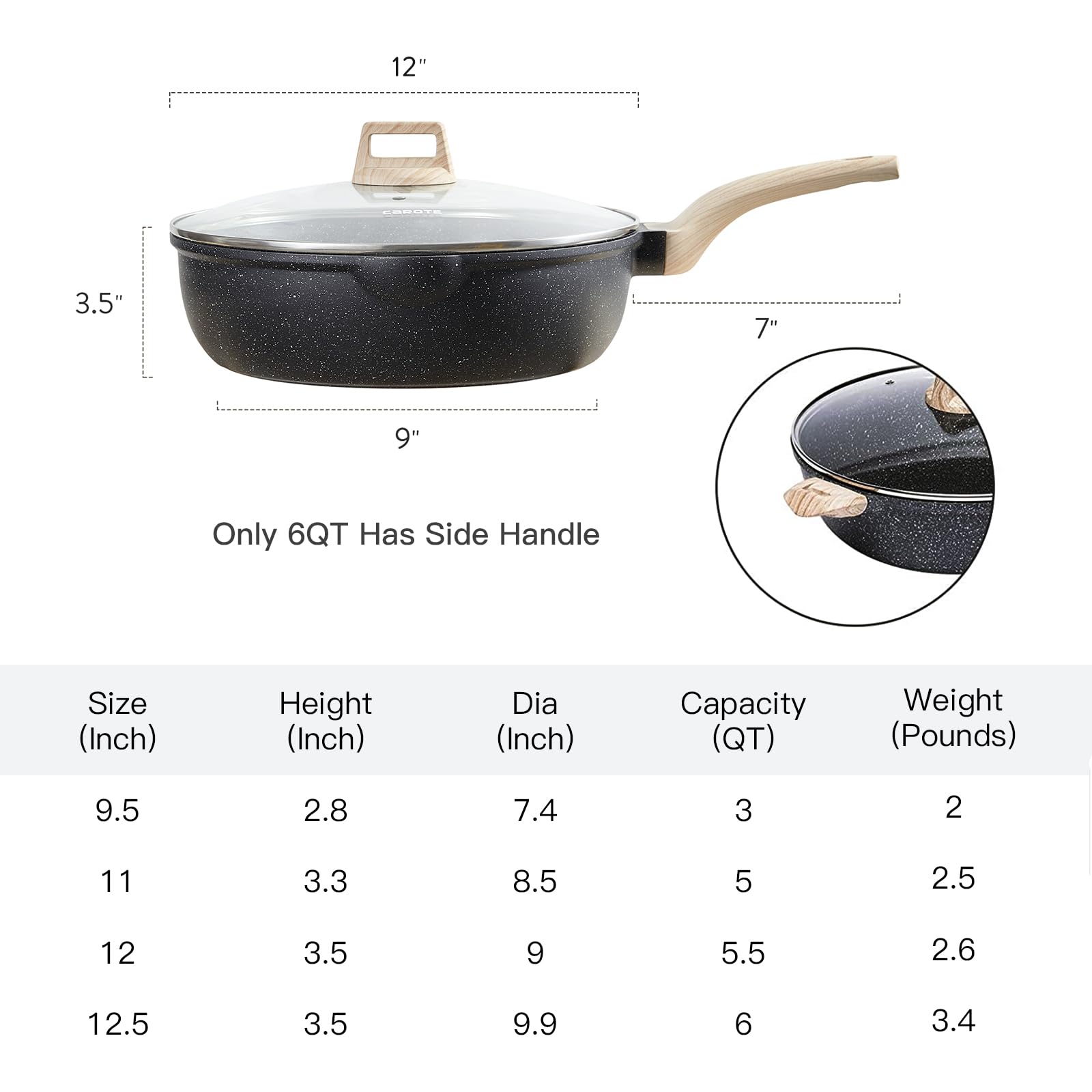 CAROTE 12Inch Nonstick Deep Frying Pan with Lid, 5.5 Qt Jumbo Cooker ...