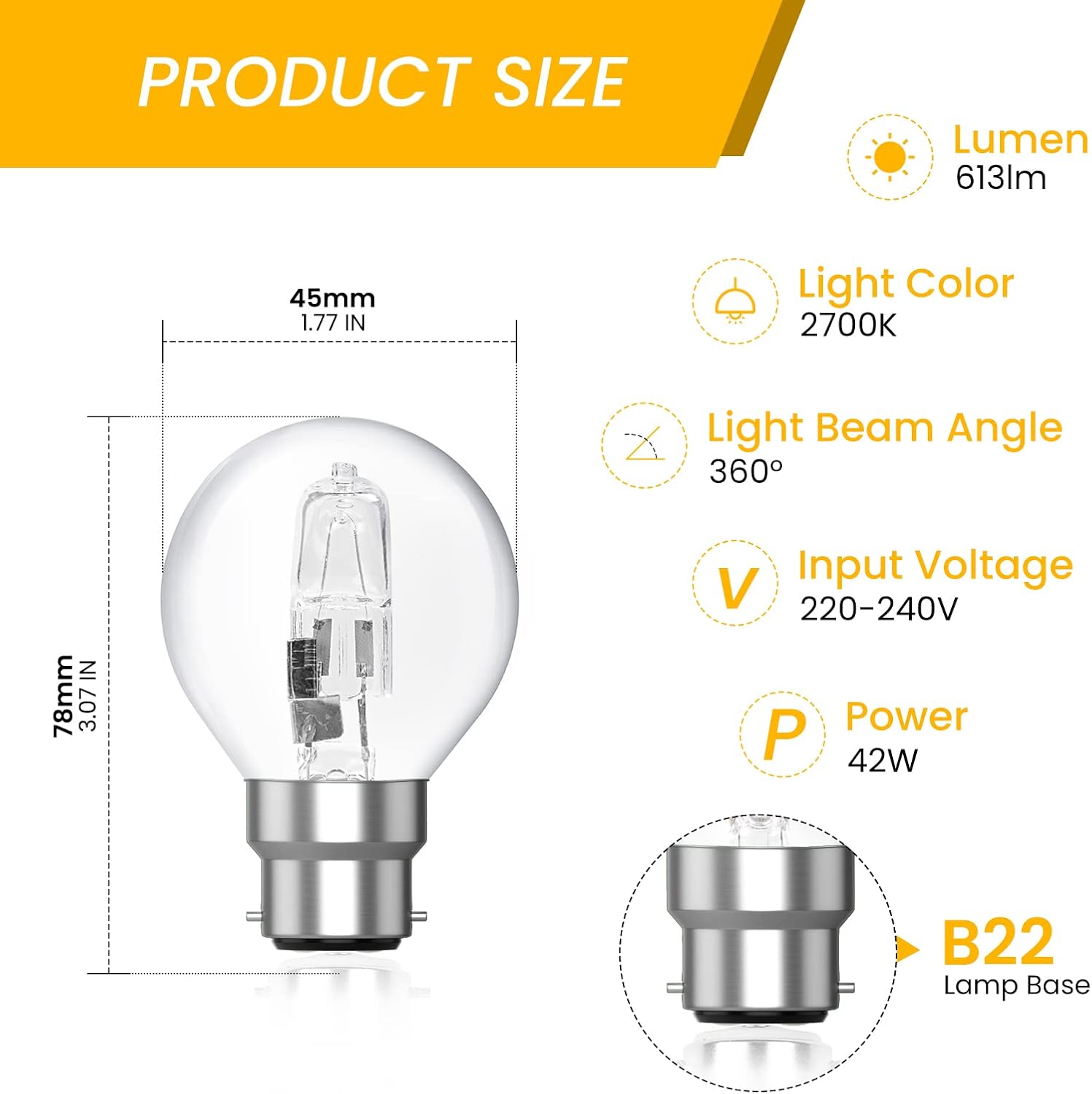 Bonlux 42W Halogen Golf Ball Light Bulbs Bayonet Dimmable BC Light Bulb ...