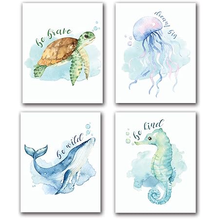 Amazon.com: SUUURA-OO Sea marine life Bathroom Watercolor Art Print Set ...