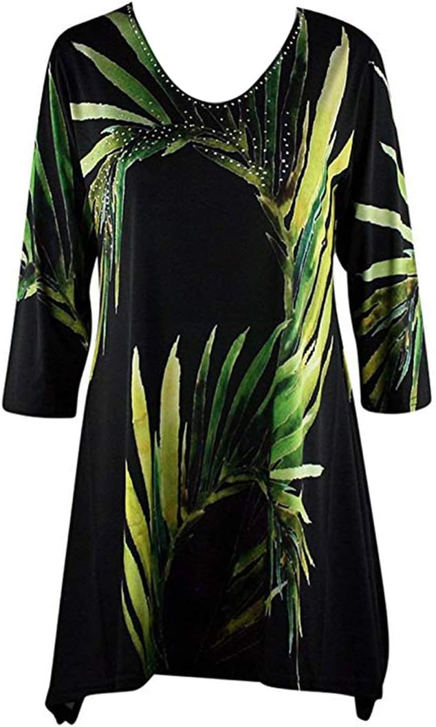 Valentina Signa - Green Leaves, 3/4 Sleeve V-Neck Tunic Rhinestone ...