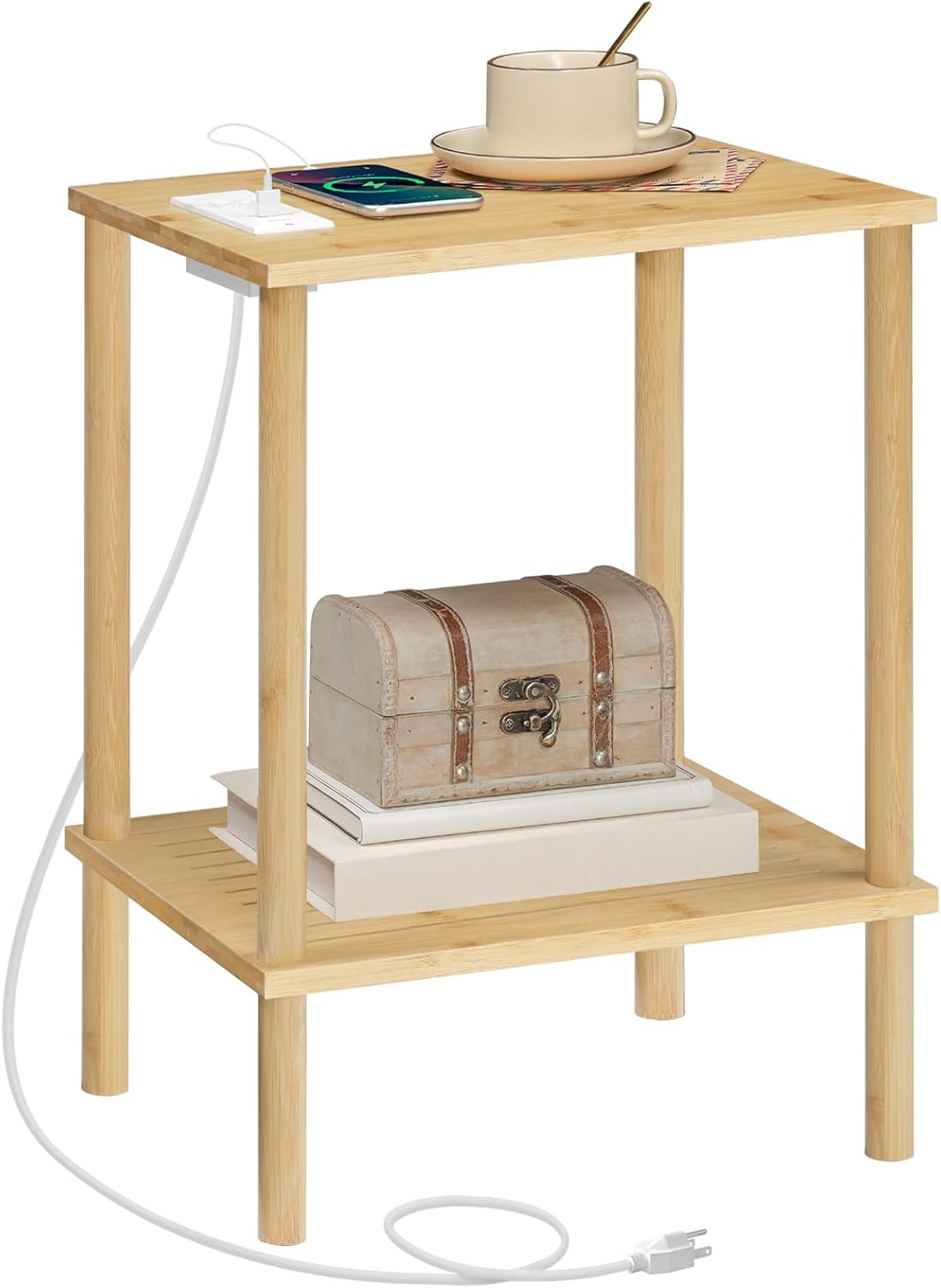Amazon.com: HOOBRO Bamboo Side Table, End Table with Charging Station ...