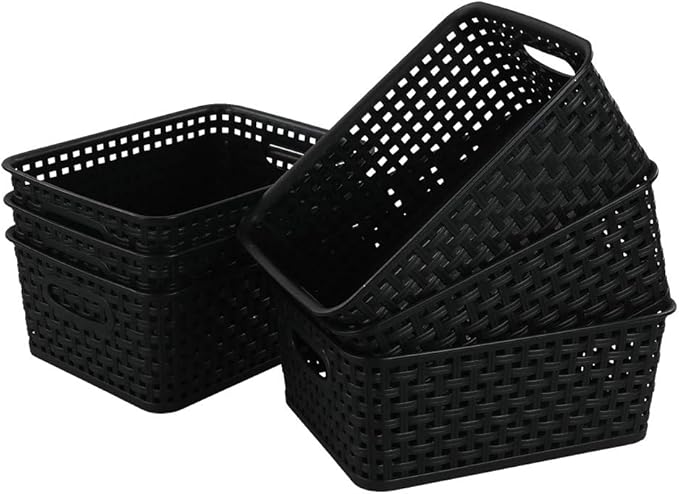 Eudokky Black Plastic Woven Baskets for Storage, Set of 6 Small Basket ...