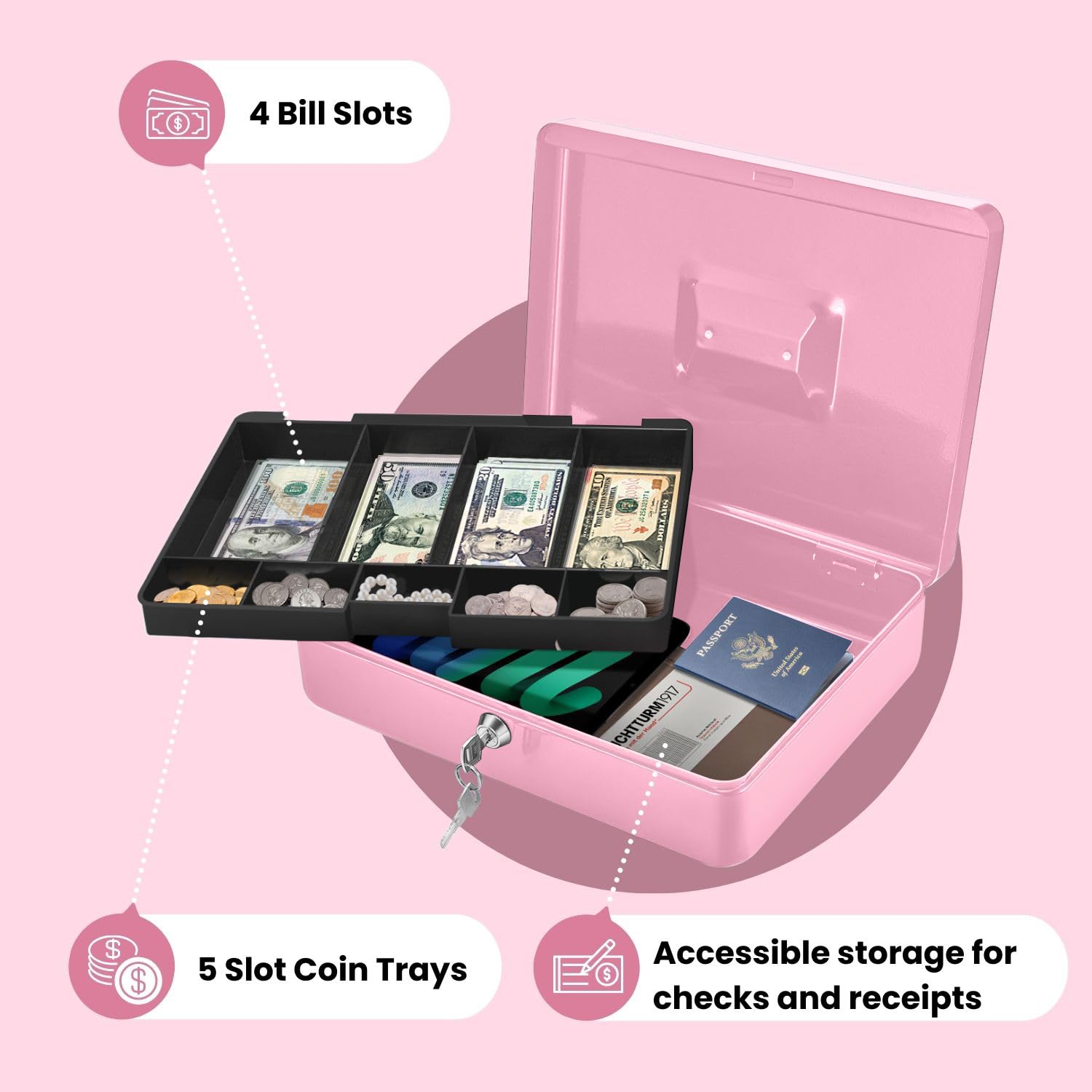 Flexzion Cash Box with Money Tray and Lock - Metal Cash Box for Small ...