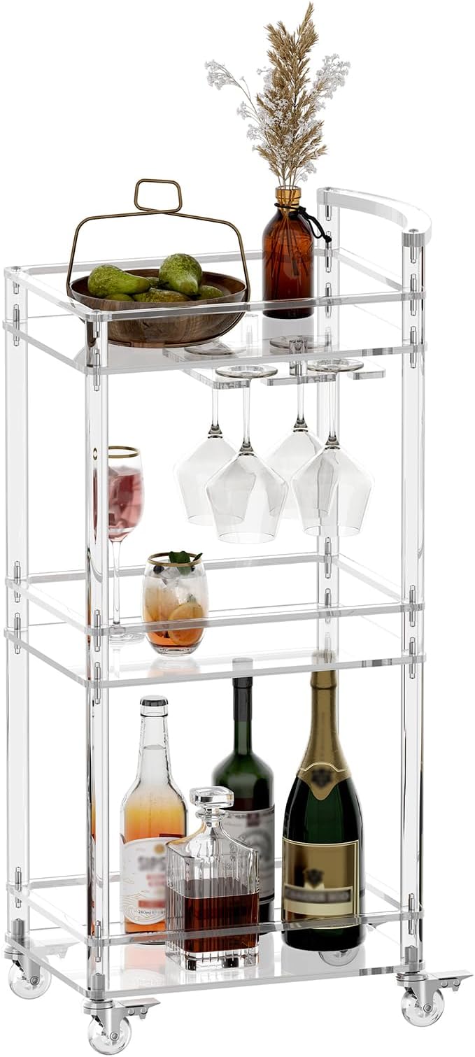 Amazon.com: HMYHUM Acrylic Bar Cart with 4 Lockable Wheels, Clear ...