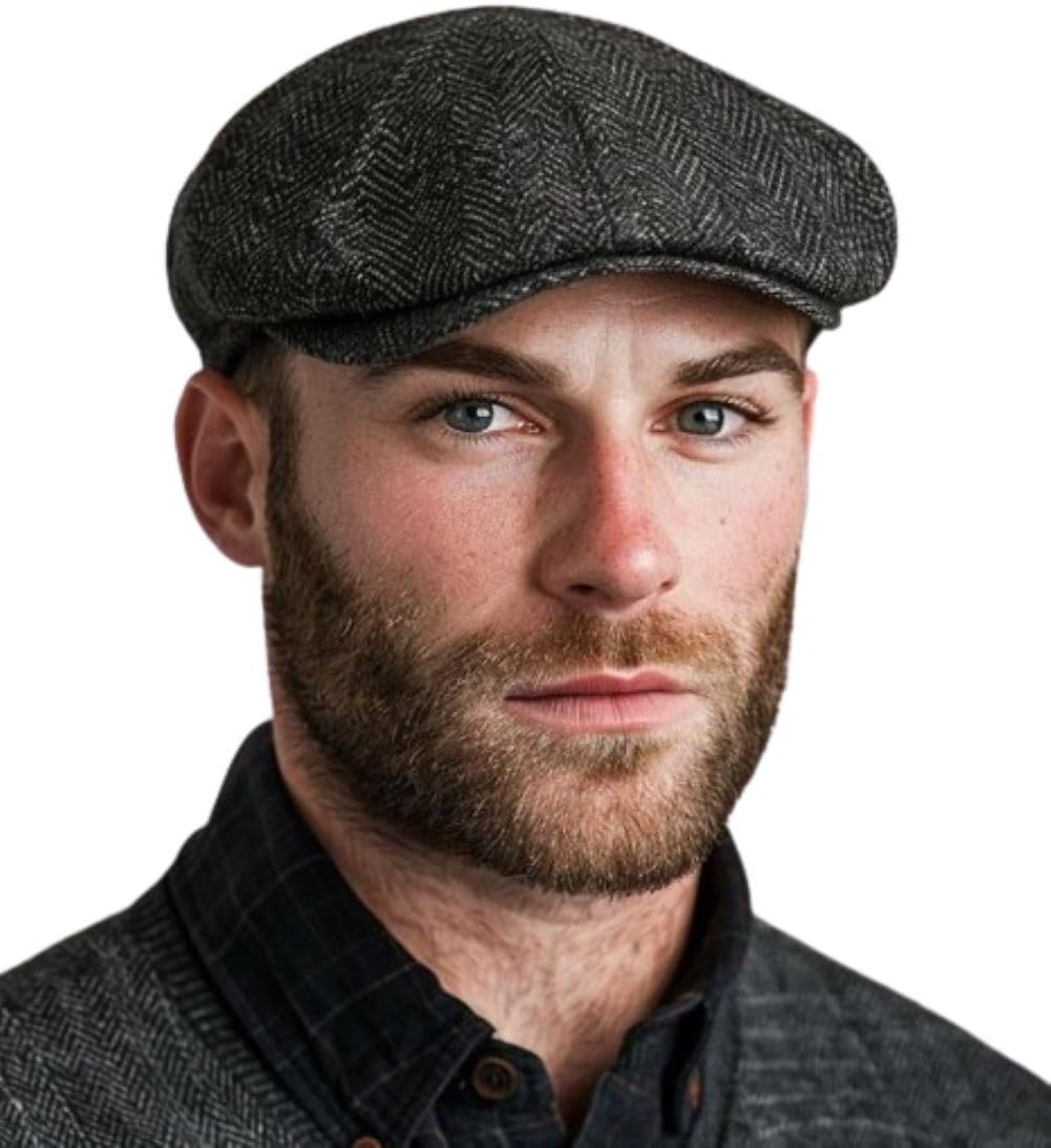 Men's Flat Cap Grey Herringbone Scally Style 6 Panel One Size Unlined ...