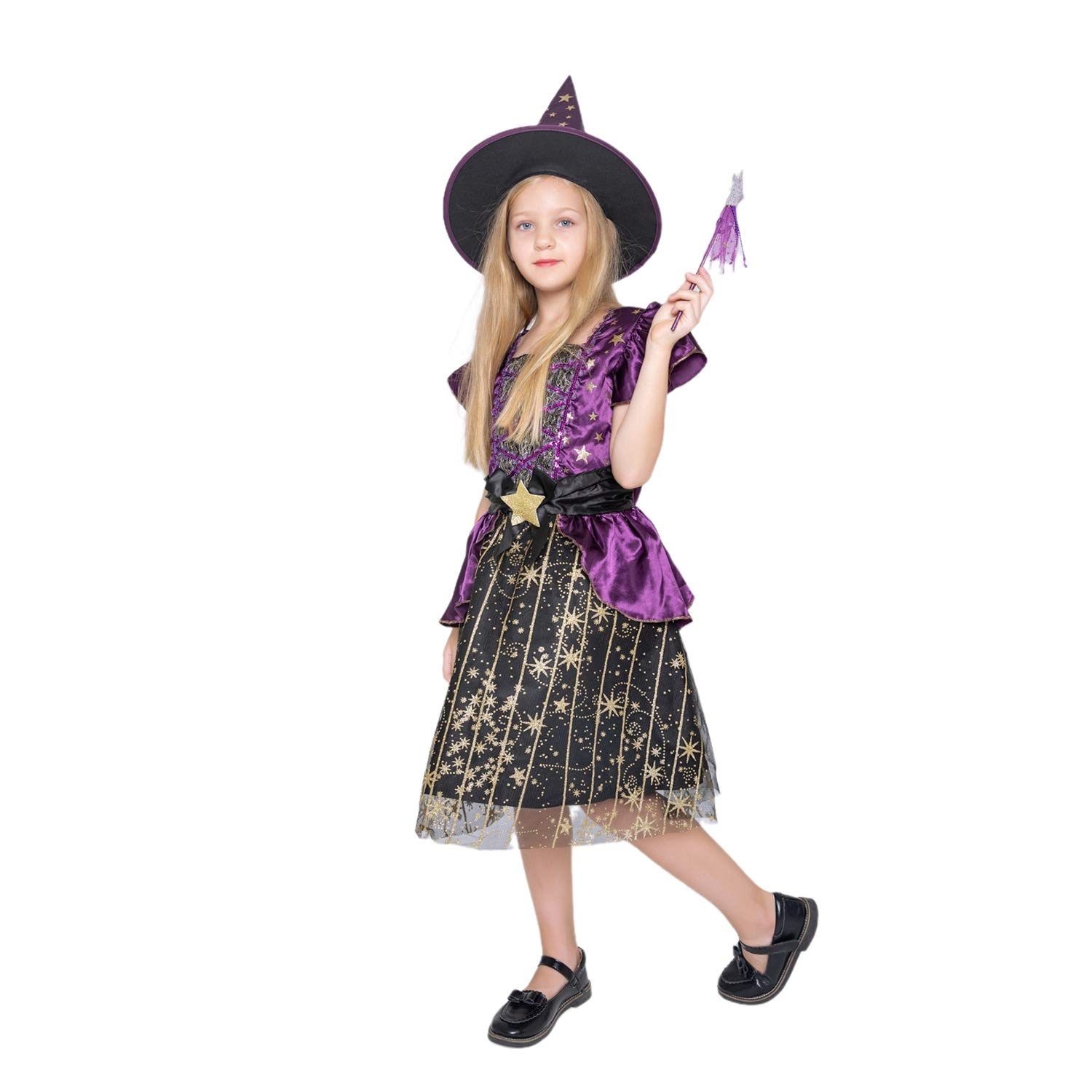 Starry Witch Costume Set for Girls with Hat & Magic Wand S, 4-6 Years ...