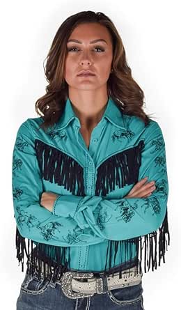 Cowgirl Tuff Western Shirt Womens L/S Fringe Horse Turquoise 100826 at ...
