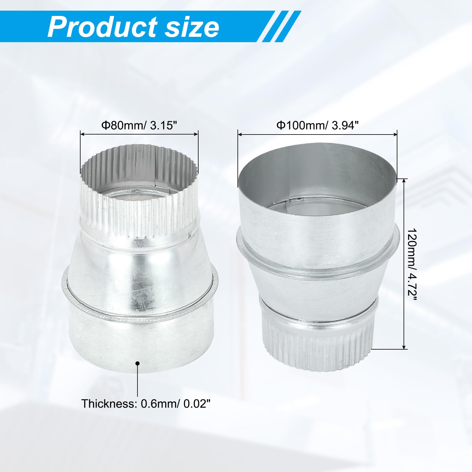 PATIKIL 4 Inch to 3 Inch Duct Reducer, Galvanized Steel Round Air Duct ...