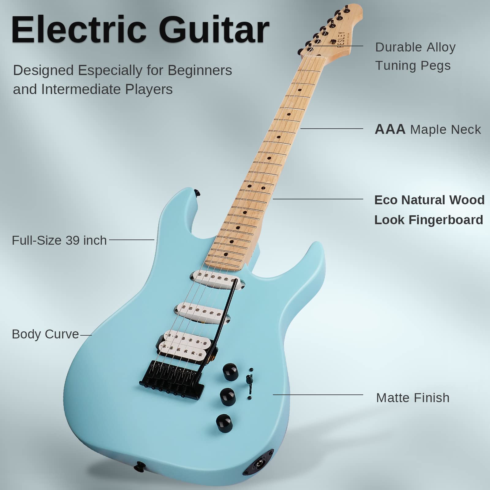 Snapklik.com : Fesley 39 Electric Guitar, Full Size Solid Body, HSS 6 ...