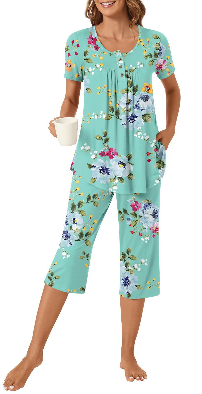COFNEW Womens Summer Pajama Sets 2 Piece Short Sleeve Top and Capri ...