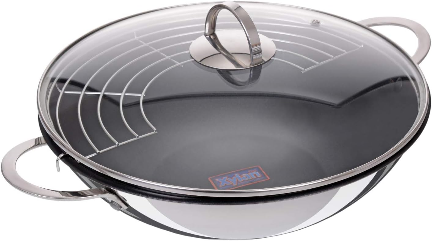 Gräwe Wok avec revêtement, couvercle en verre et grille de rangement 32 ...