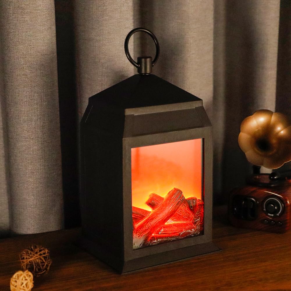 TRIROCKS 29cm High Black Flameless Fireplace Lantern Led Flame Log ...