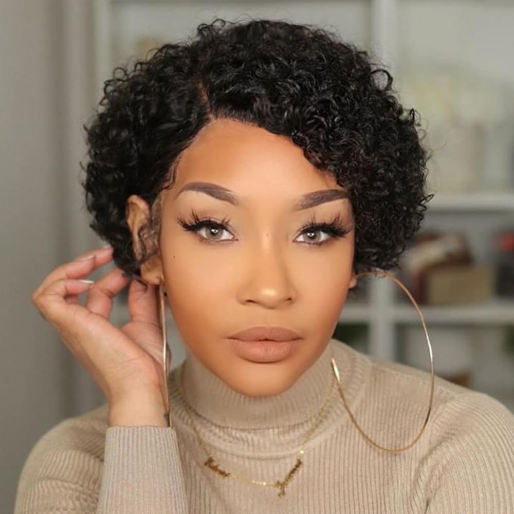 Amazon.com : Afinska Afro Curly Wig Human Hair Side Part Glueless Short ...