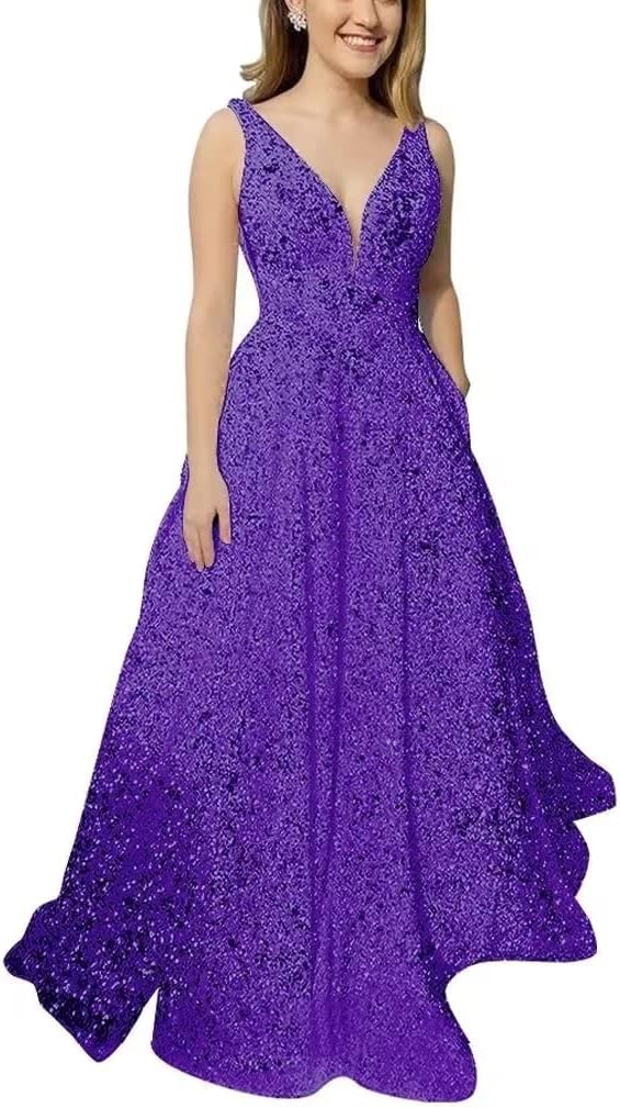 Sequin Prom Dresses for Women 2024 Long Ball Gown V Neck Sparkly Formal ...