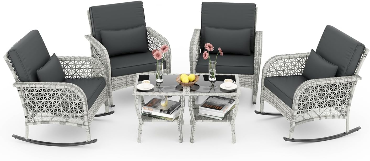 Amazon.com: BALDPER 6 Piece Gray Wicker Patio Rocking Chairs Set ...