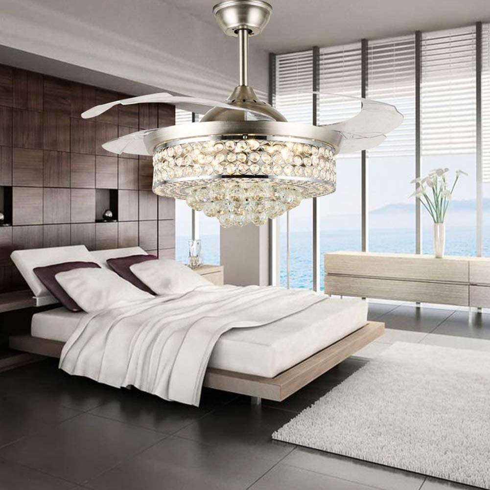 A Million 42" Crystal Ceiling Fan with Light Retractable Blades Brushed ...