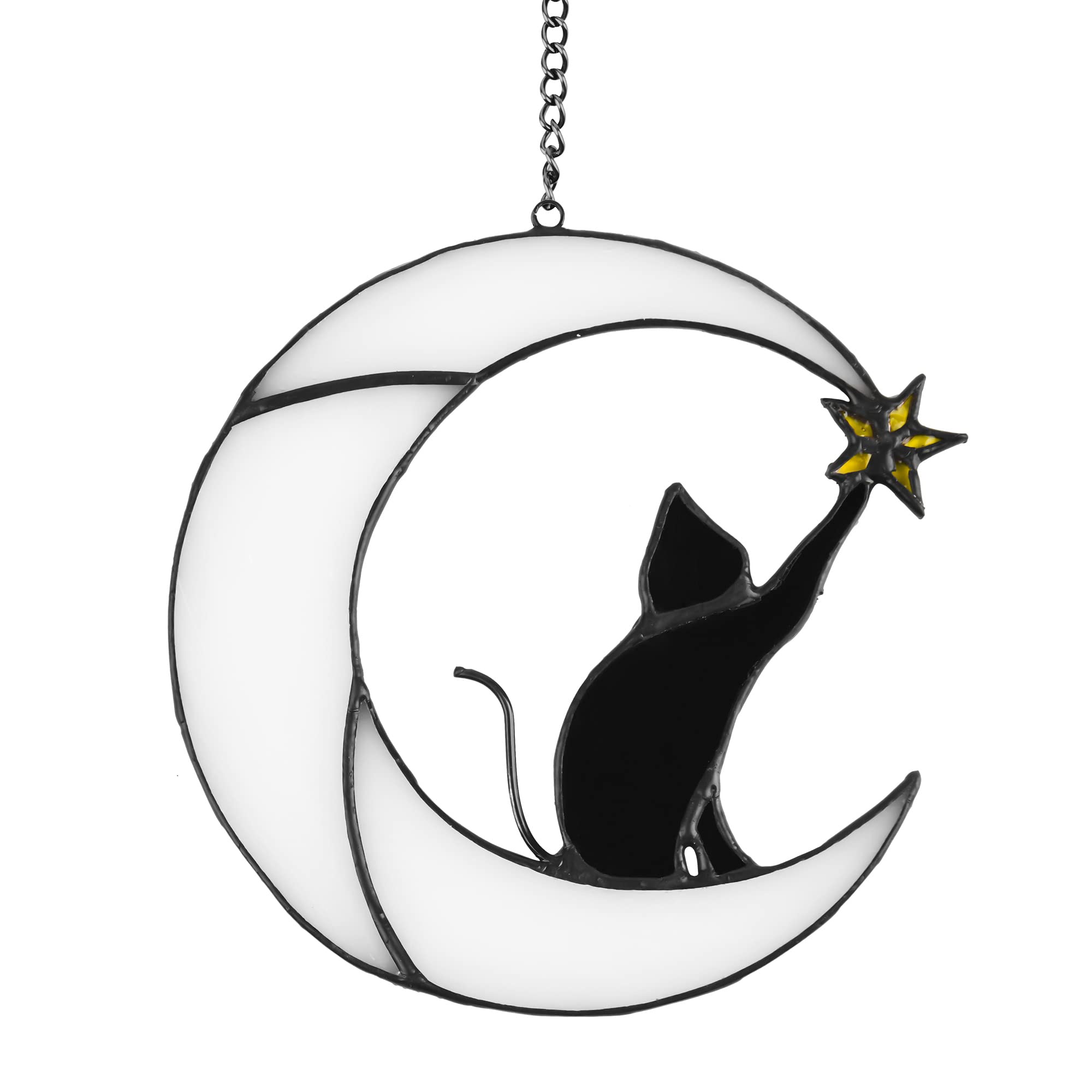 Amazon.com: Zedesey Stained Glass Cat on Moon Pick Star Window Hanging ...