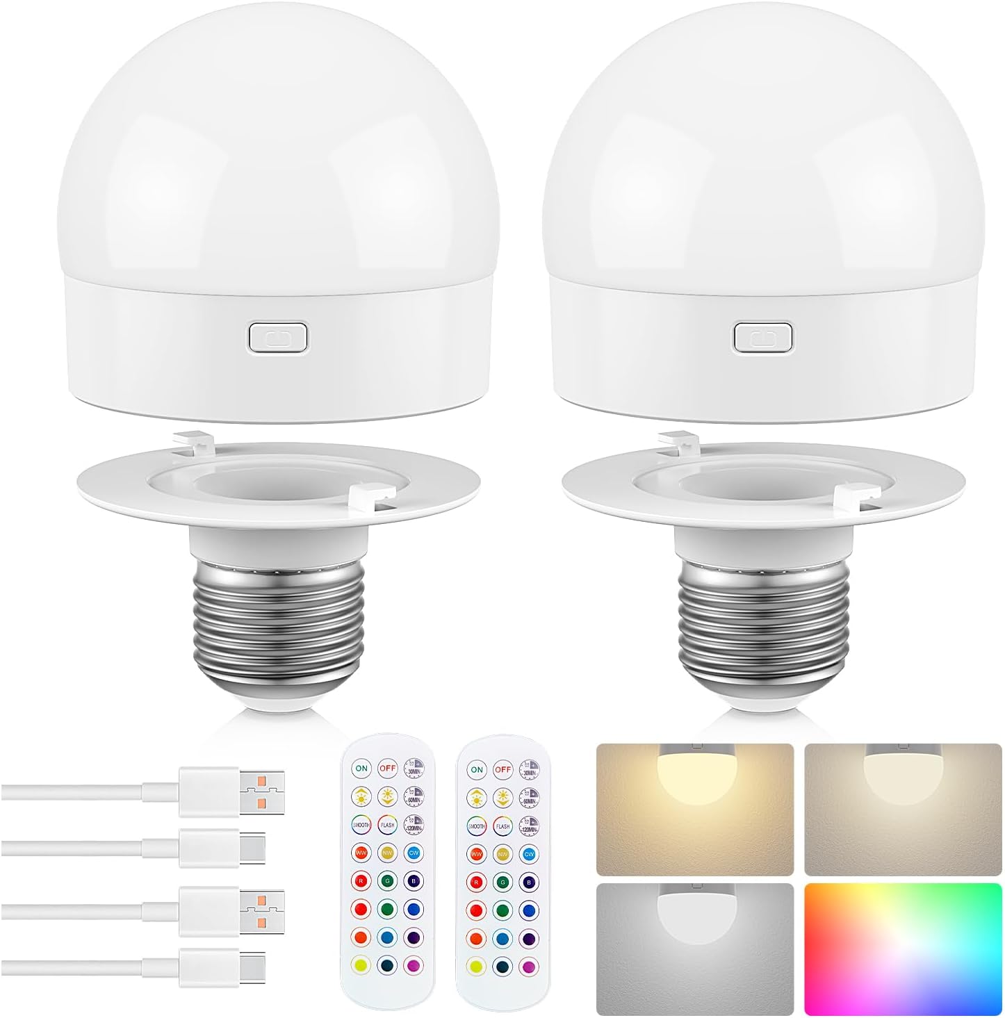 SCOPOW Bombilla recargable RGB con control remoto, 15 temperaturas de color, 450 lúmenes, carga ...