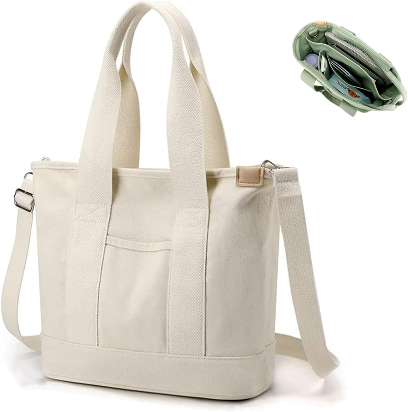 Amazon.com: Multi Pocket Canvas Tote Bag with Zipper Shoulder Bag Handbag with Compartments ...