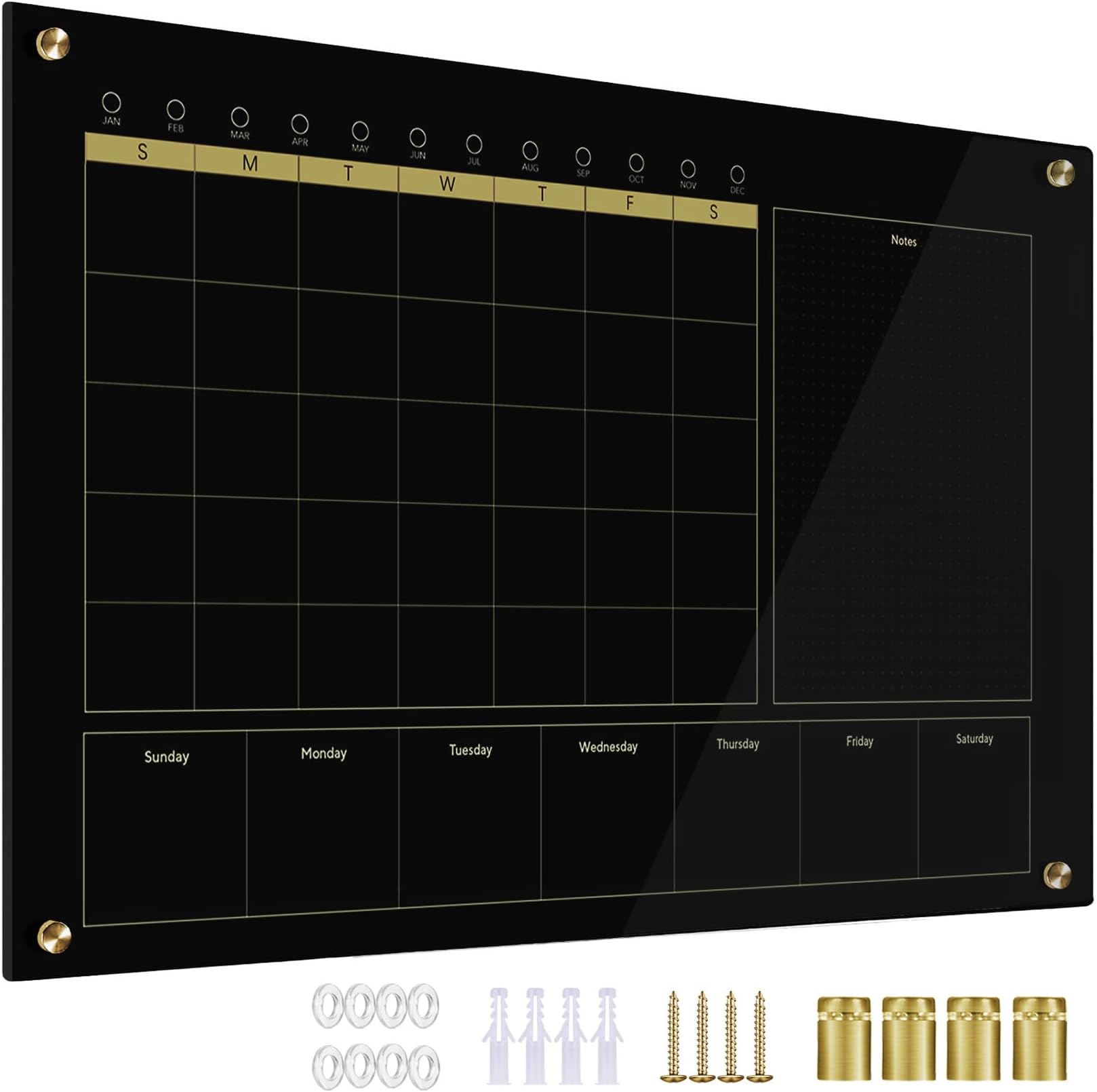 Marribol Black Glass 3-1 Monthly Dry Erase Calendar Whiteboard for Wall ...
