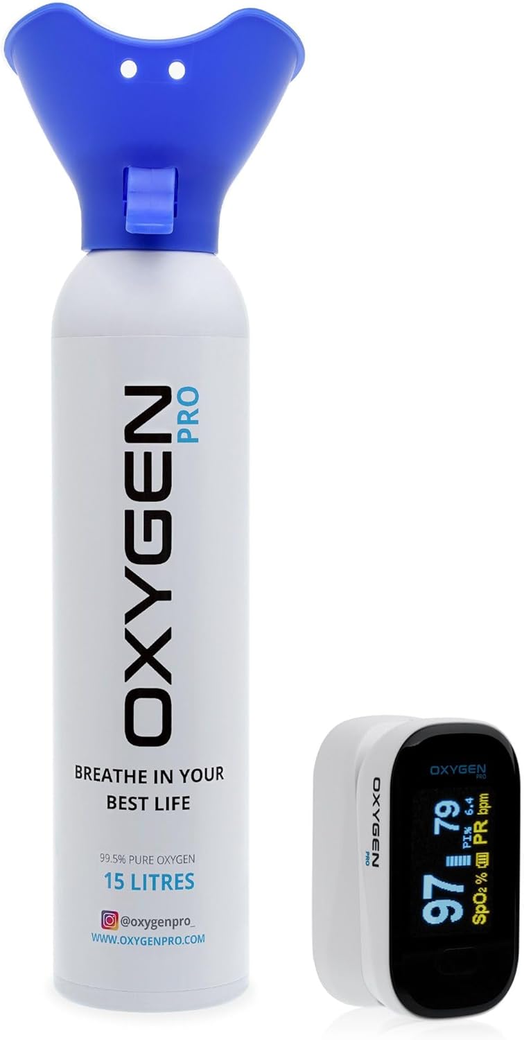 Oxygen Pro Canister with Inhaler Cup & Oximeter - 15 litres of 99.5% ...