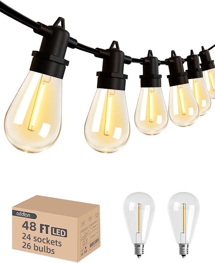 addlon 48FT(2FT Space) LED Outdoor String Lights with 24 Edison ...