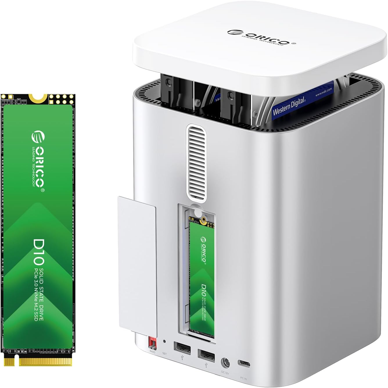 Amazon.com: ORICO 2 Bay RAID Enclosure Compatible NVMe SSD 10Gbps with Expansion Hub+ 128GB M.2 ...