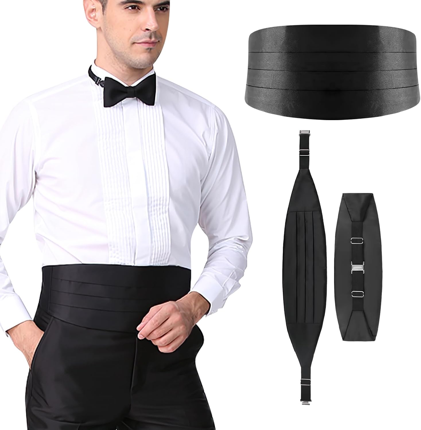 QTMMC Black Cummerbund for Men Suit Waistbands Men's Silk-Like ...