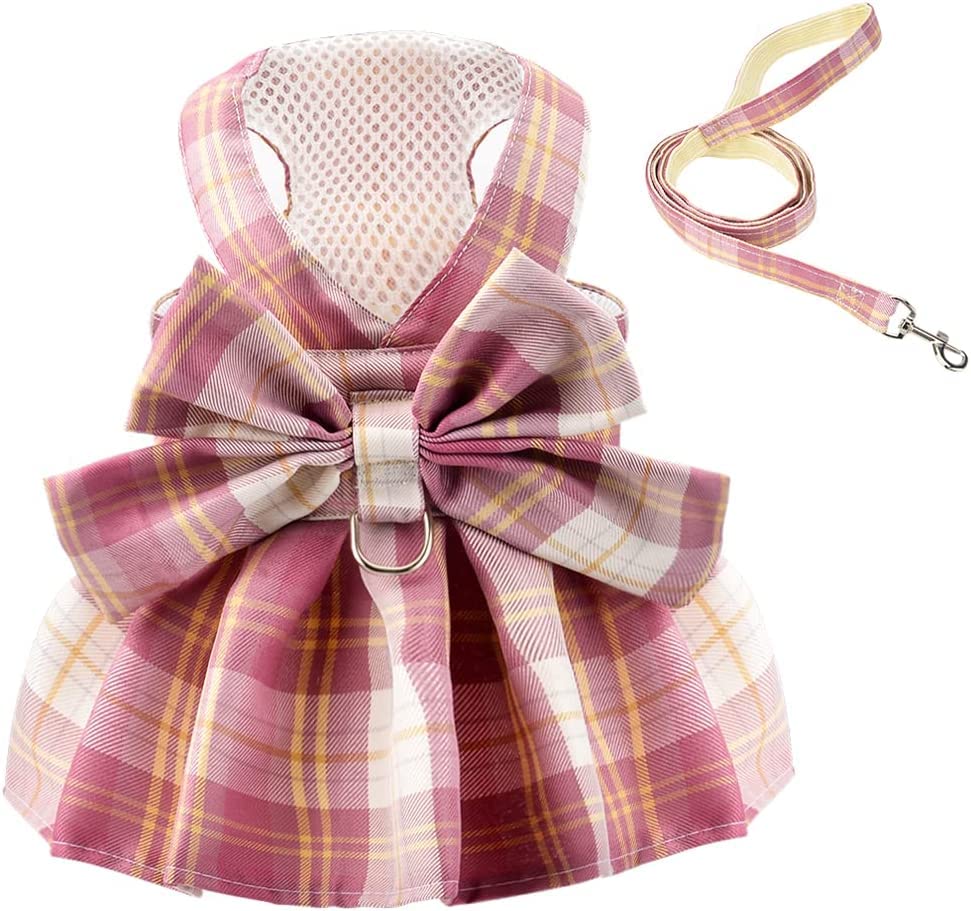 KUTKUT Plaid Dog Harness Dress with Leash Ring Bow Tie Harness Leash ...