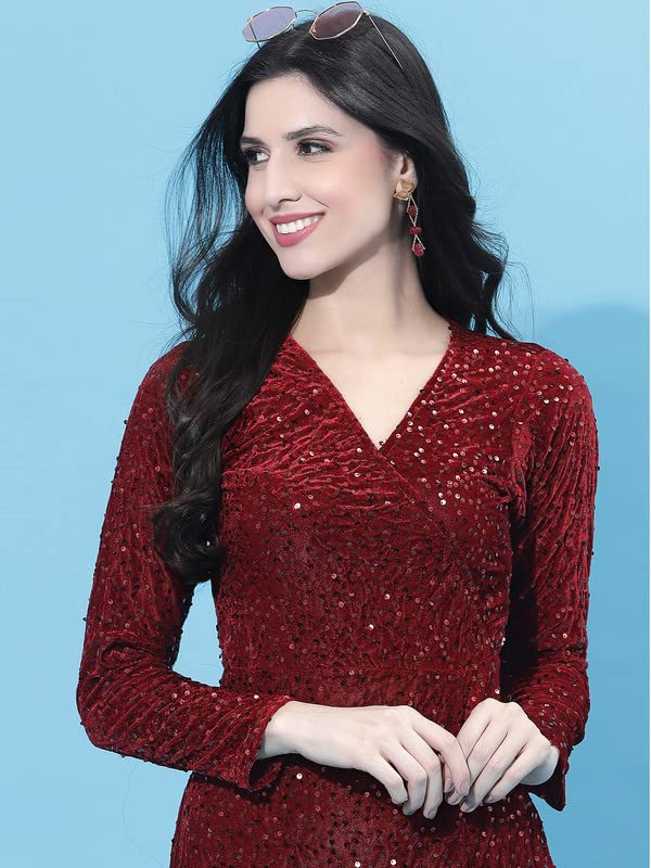 Buy Selvia Women's Sequence Embroidery Velvet Lycra Surplice Neck Maxi ...