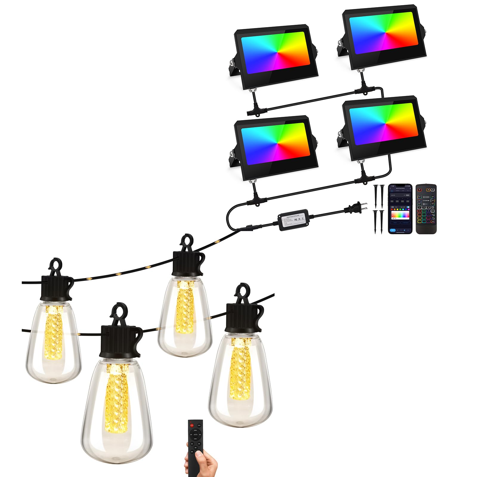 YAYZA! 4 Pack RGBW LED Flood Light Outdoor + 50FT Outdoor LED String ...