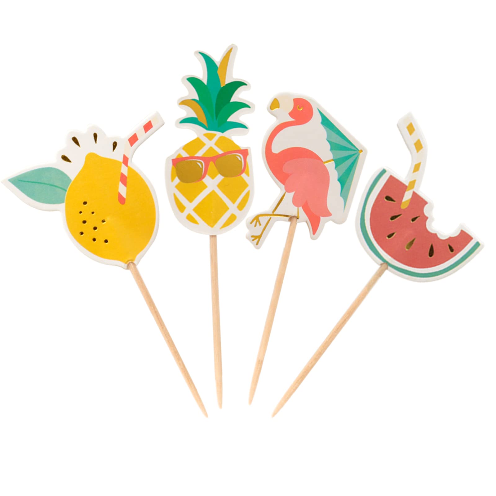 48pcs Gold Foil Summer Tropical Cupcake Toppers Pineapple Watermelon ...