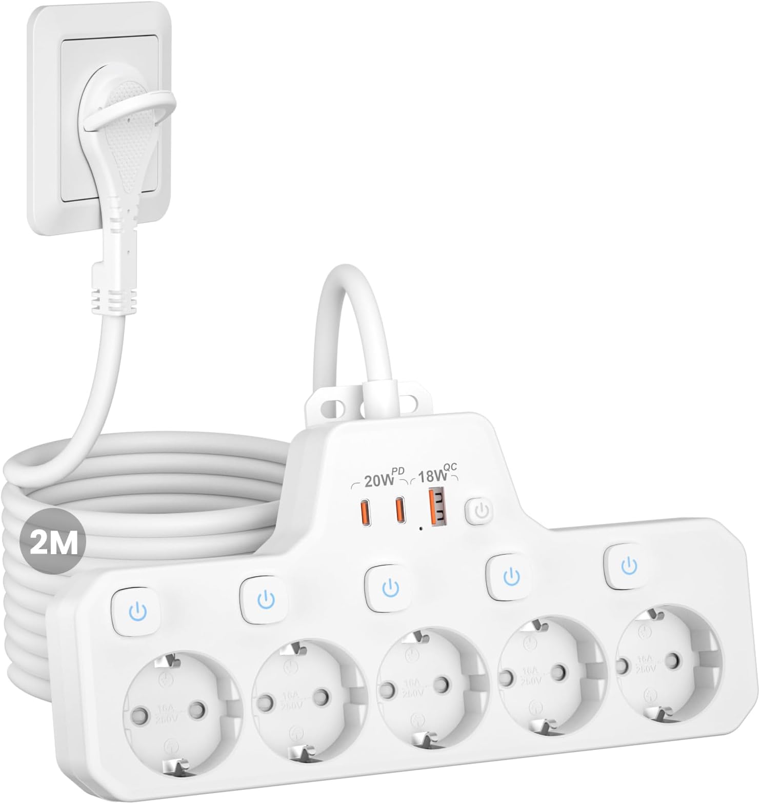 Flachstecker Mehrfachsteckdose mit Schalter,5-Fach Steckdosenleiste ...