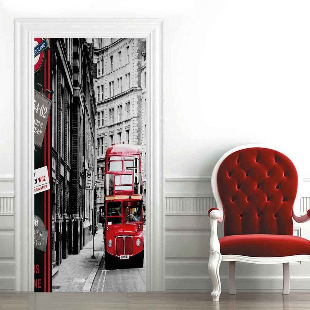 Door Stickers Door Mural 3D Street Red Bus For Interior Doors Girls ...