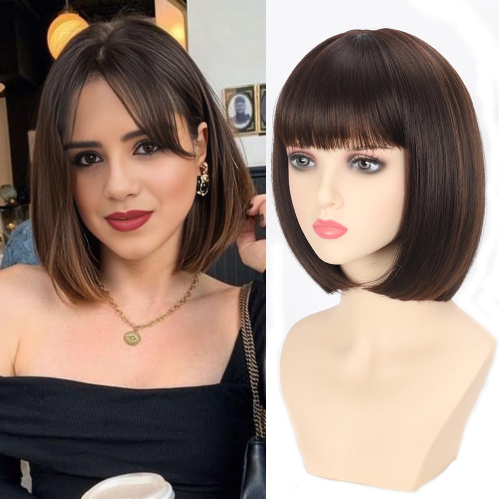 Amazon.com : Mofyue Short Human Hair Bob Wigs With Bangs Straight ...