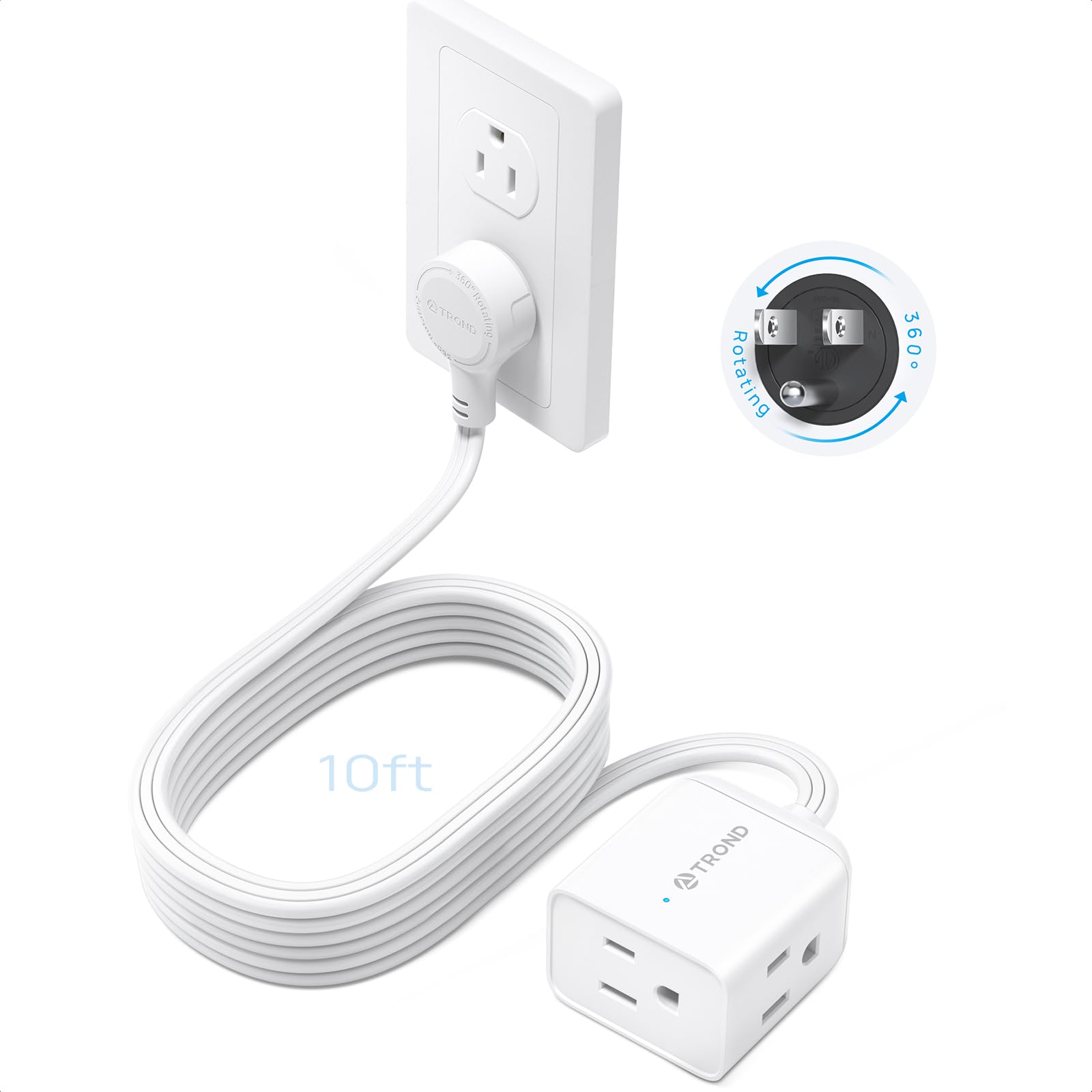 TROND Flat Extension Cord 10ft with 360° Rotating Plug, Low Profile ...