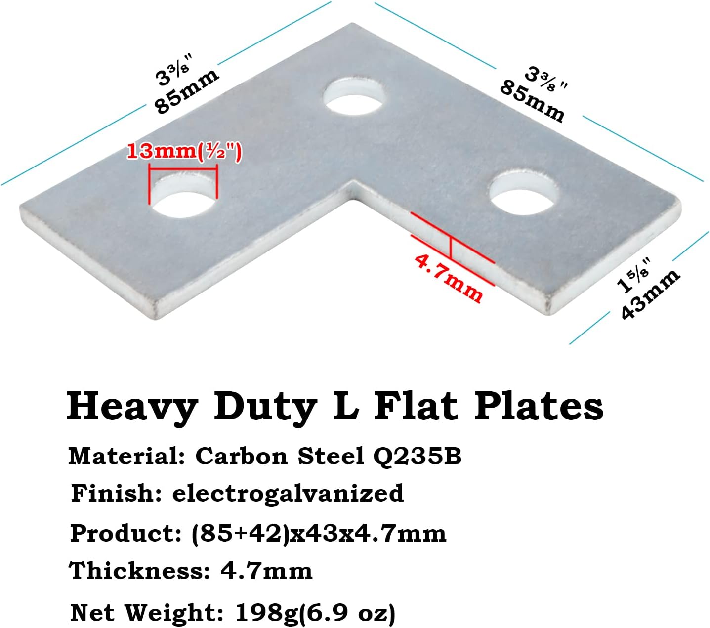 TSSS 6 PCS 3 Holes L Connector Angle Flat Plate Fitting Bracket Fit for ...